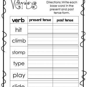 10 Printable Verbs Past and Present Tense Worksheets. 1st-2nd Grade ELA ...