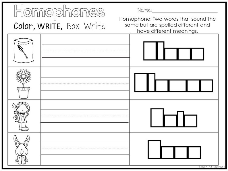 14 Printable Homophones Color, Trace, Box Write Worksheets. 1st-2nd ...
