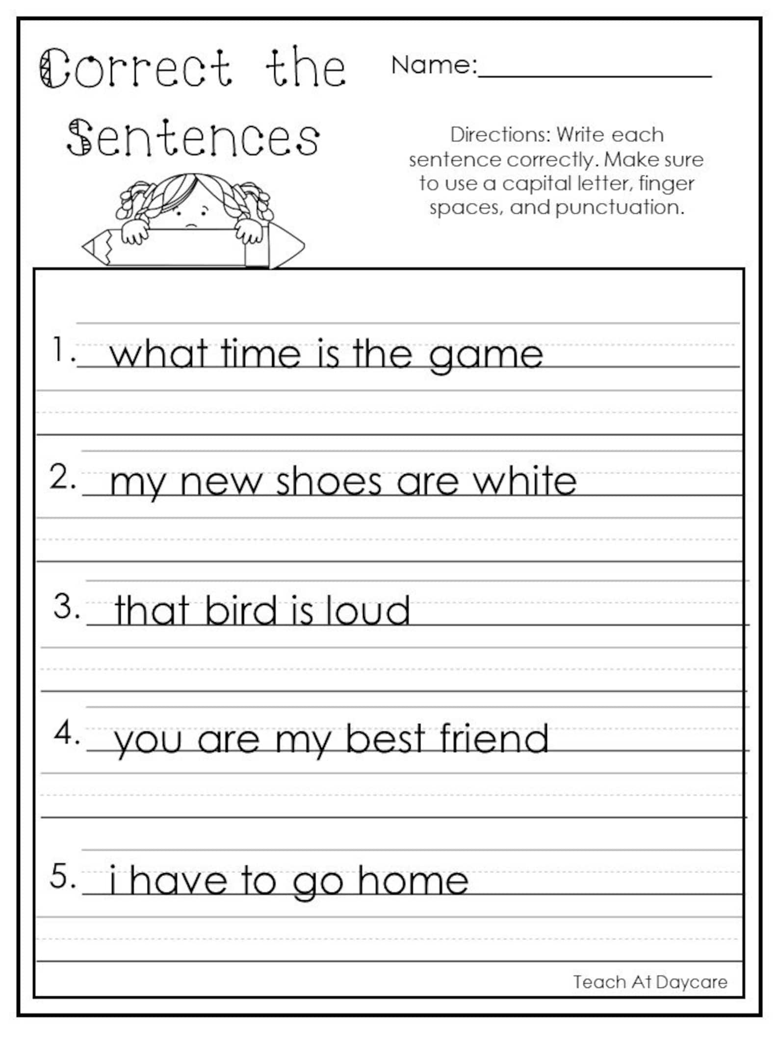 10 Printable Correct the Sentences Worksheets. 1st-2nd Grade | Etsy