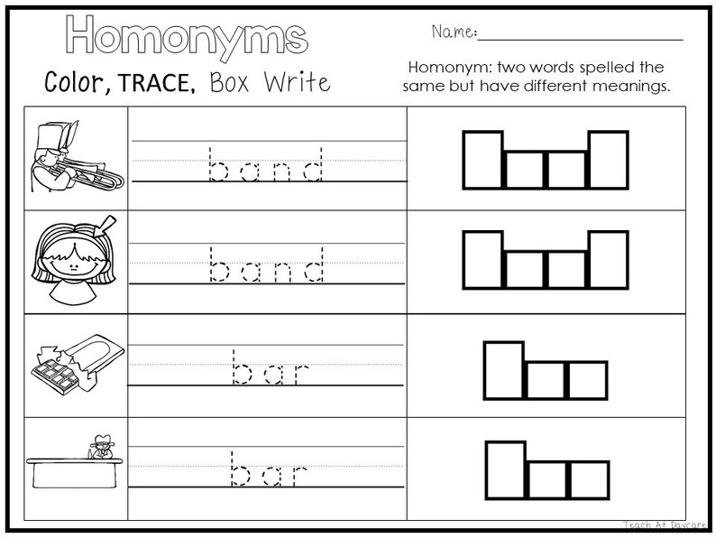 10 Printable Homonyms Color Trace Box Write Worksheets. | Etsy