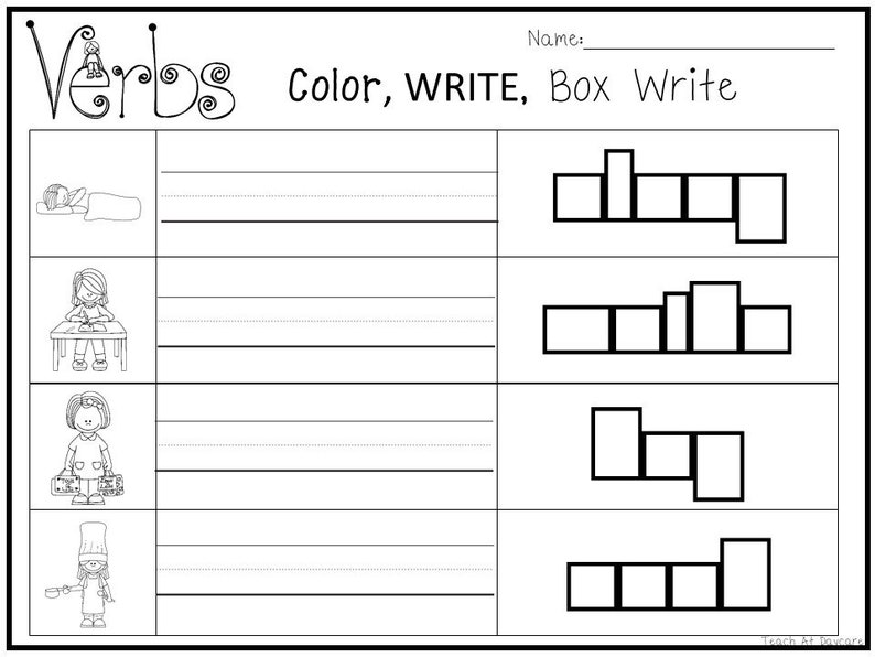 10 Printable Verbs Color Trace Box Write Worksheets. 1st-2nd | Etsy
