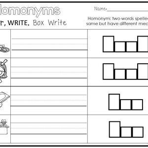 10 Printable Homonyms Color, Trace, Box Write Worksheets. 1st-2nd Grade ...