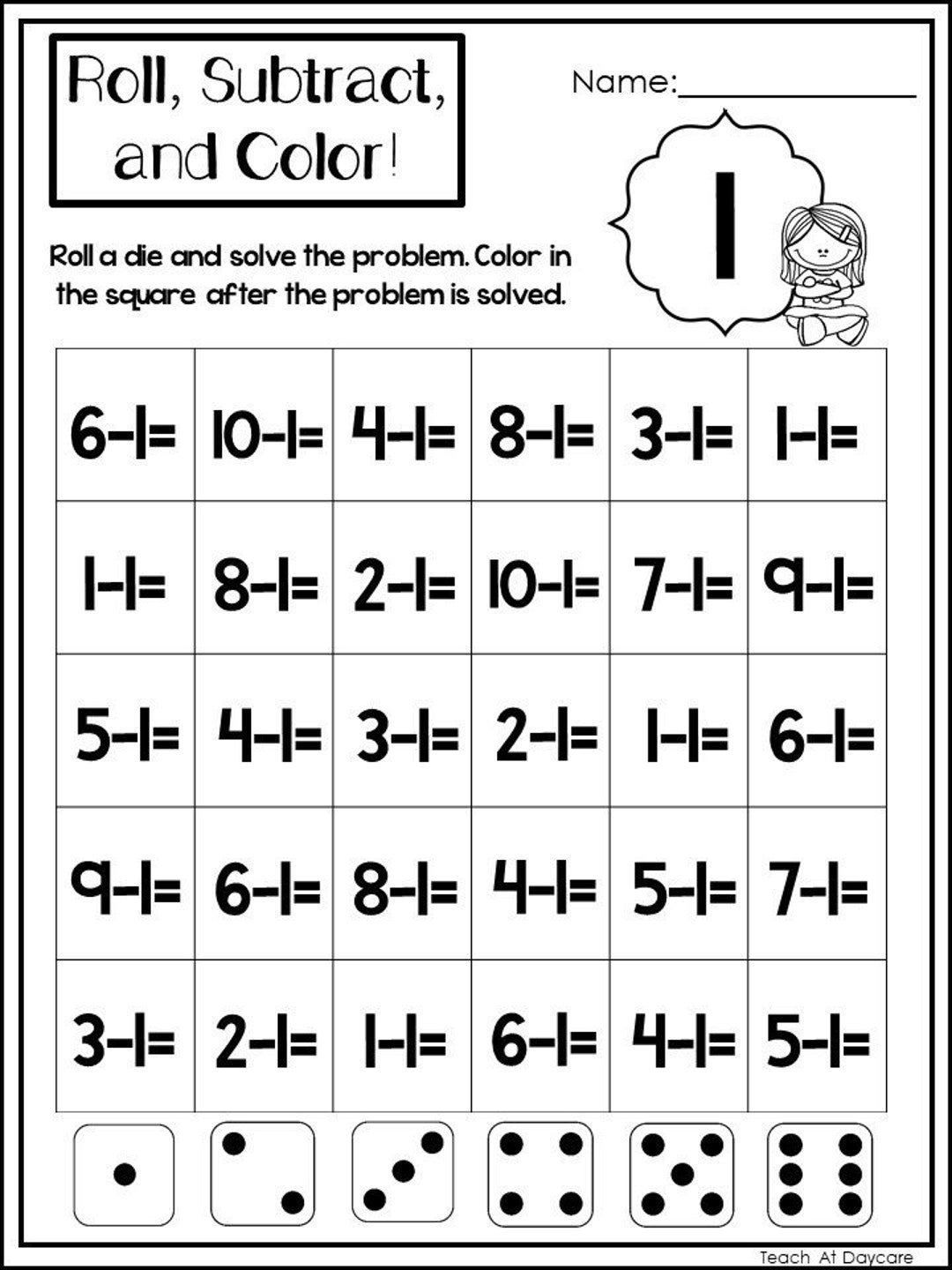 10 Printable Roll, Subtract, and Color Worksheets. Numbers 1-10 ...