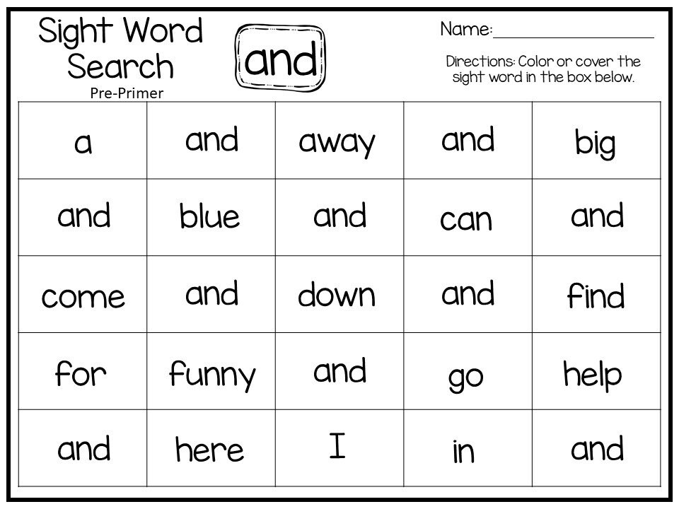 40 Printable Dolch Pre-primer Sight Word Search Worksheets. Preschool ...