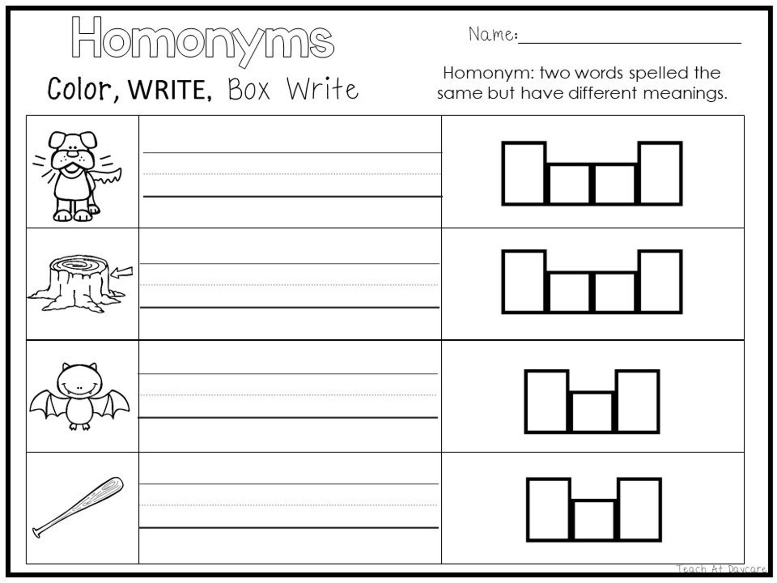 10 Printable Homonyms Color Trace Box Write Worksheets. - Etsy