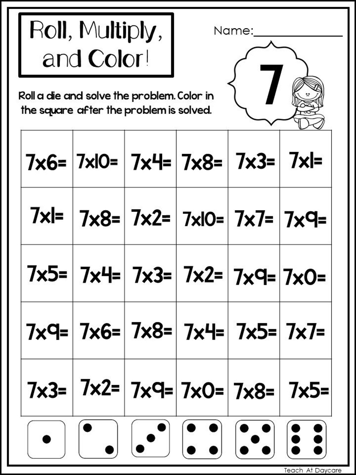 12 Printable Roll, Multiply, and Color Worksheets. Numbers 1-12. 1st ...
