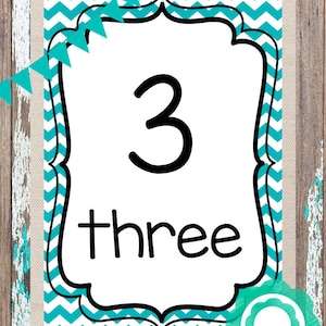 20 Printable Rustic and Teal Themed Numbers Posters. Numbers 1-20 ...