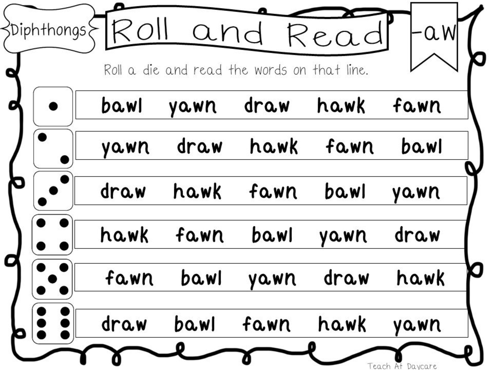 10 Printable Diphthongs Roll and Read the Word Worksheets. Kindergarten ...