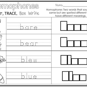 14 Printable Homophones Color, Trace, Box Write Worksheets. 1st-2nd ...