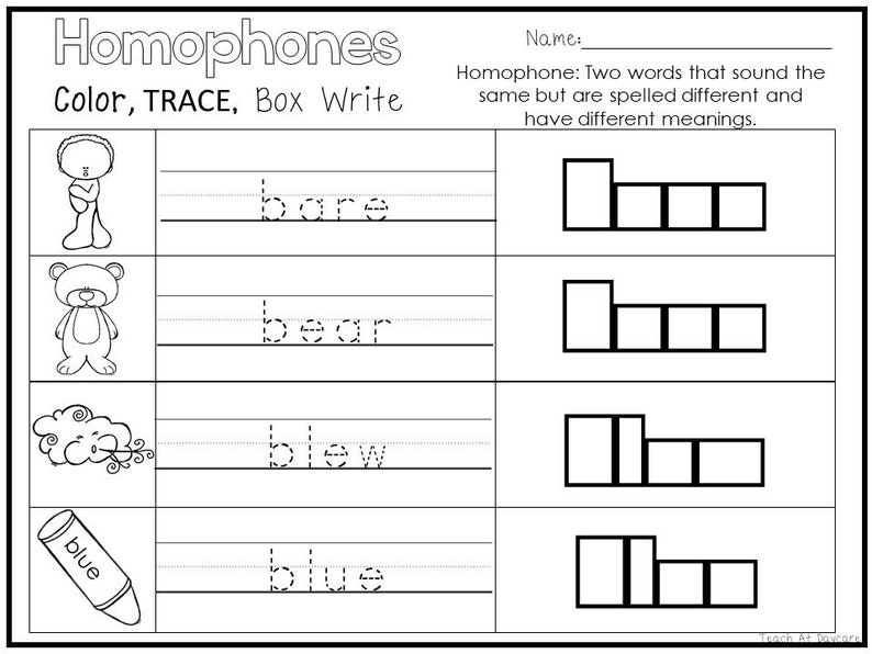 14 Printable Homophones Color, Trace, Box Write Worksheets. 1st-2nd ...