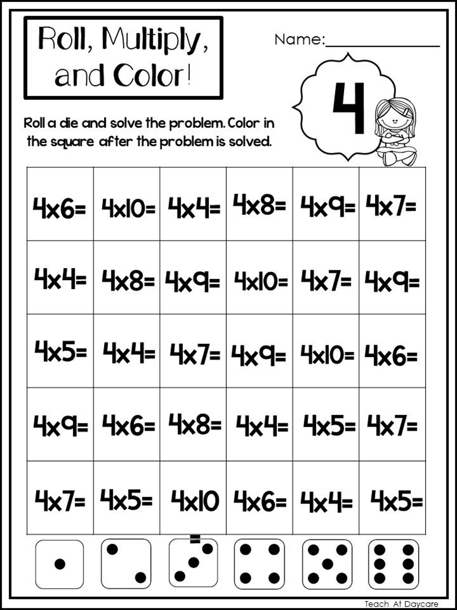 12 Printable Roll, Multiply, and Color Worksheets. Numbers 1-12. 1st ...