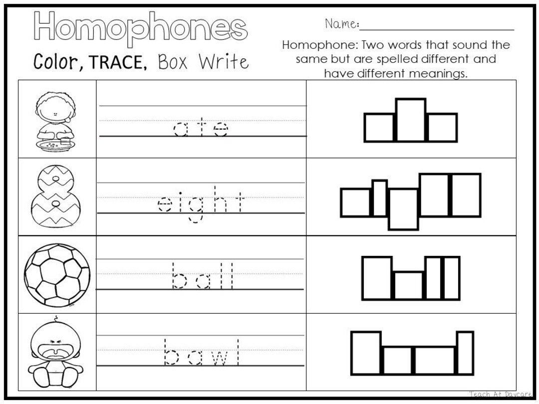 14 Printable Homophones Color, Trace, Box Write Worksheets. 1st-2nd ...