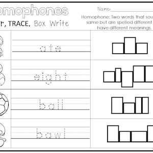 14 Printable Homophones Color, Trace, Box Write Worksheets. 1st-2nd ...