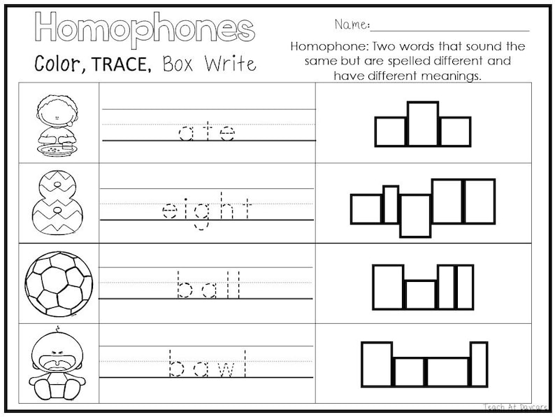 14 Printable Homophones Color, Trace, Box Write Worksheets. 1st-2nd ...