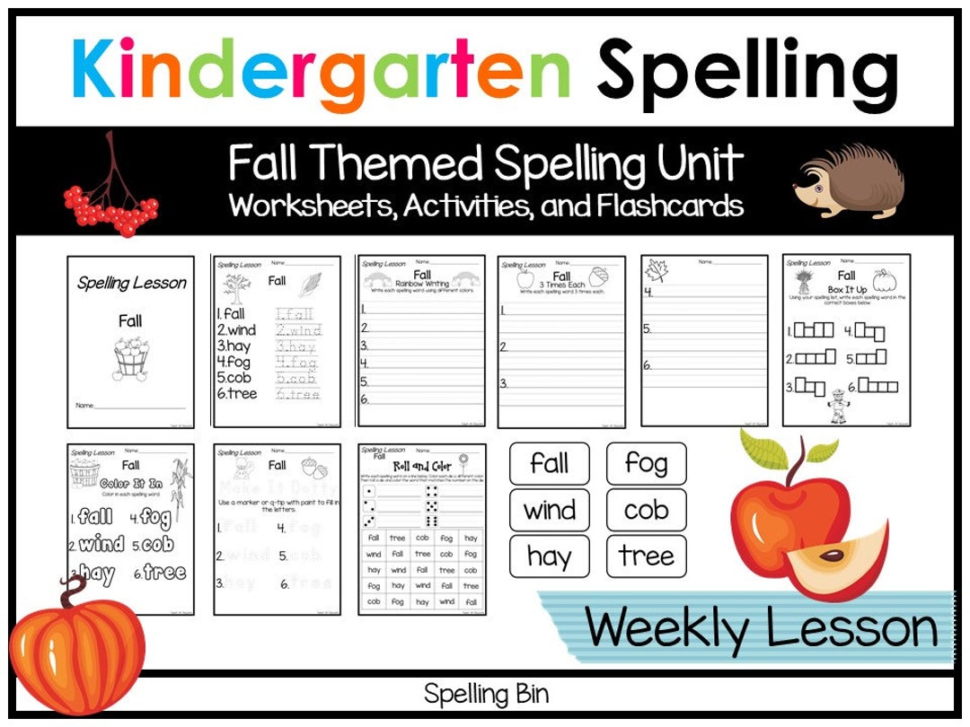 Kindergarten Fall Themed Words Homeschool Single Week Spelling Activity ...