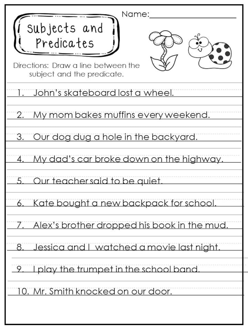 Identifying Subject, Predicates, and Verbs in a Sentence Worksheets. - Etsy