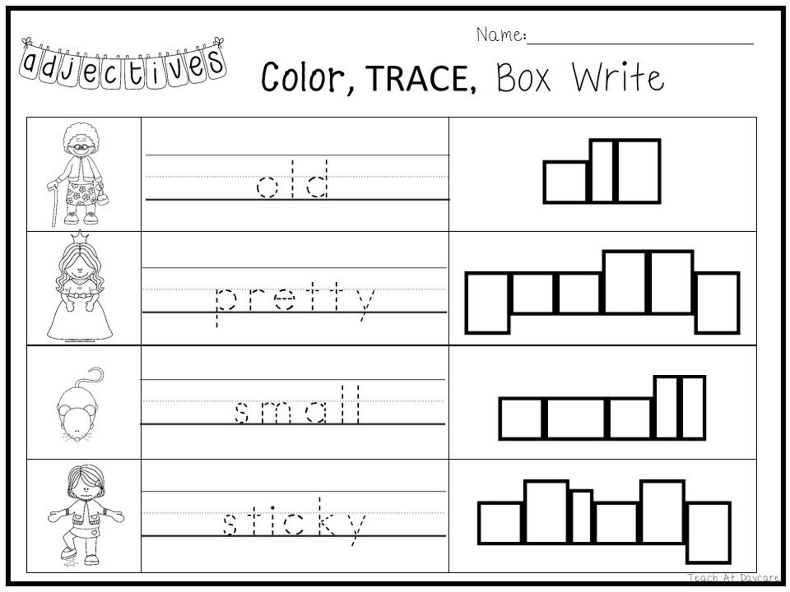 10 Printable Adjectives Color Trace Box Write Worksheets. | Etsy