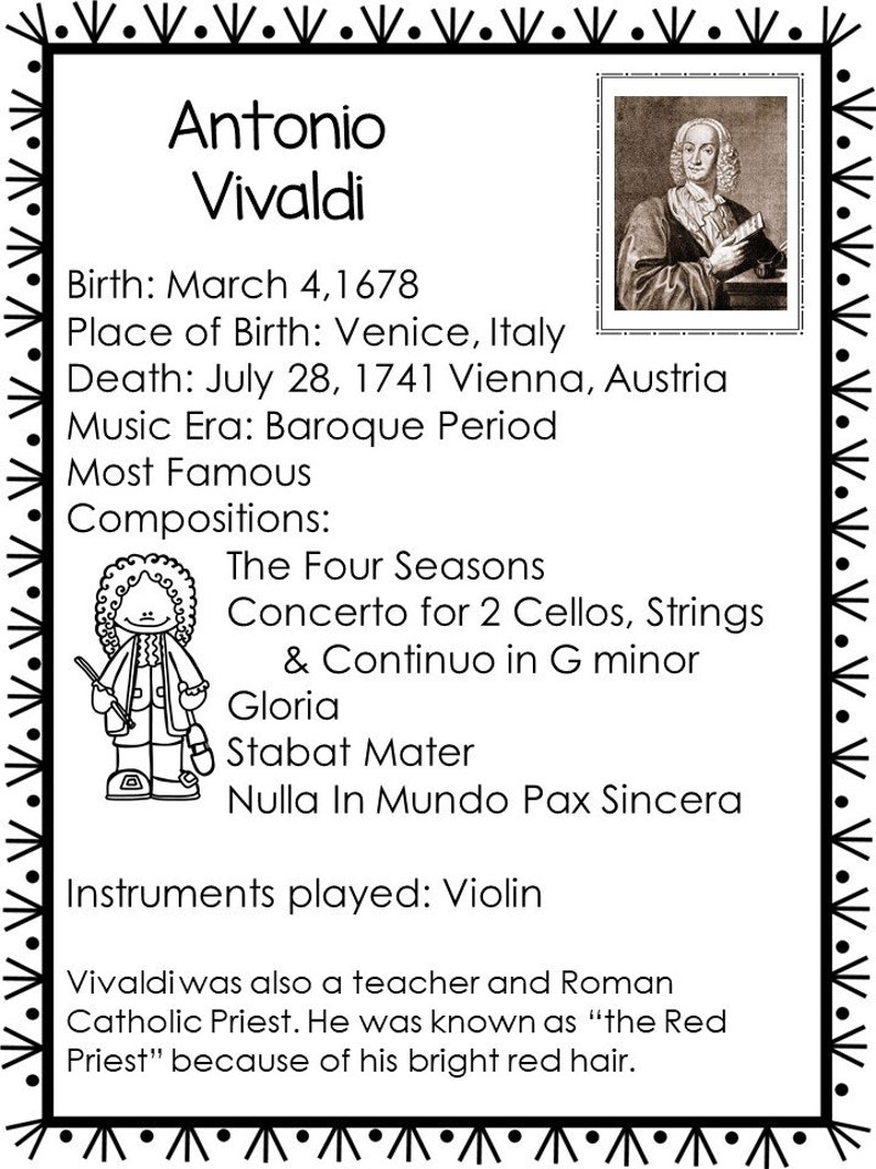Antonio Vivaldi Great Composer Unit. Music Appreciation. | Etsy