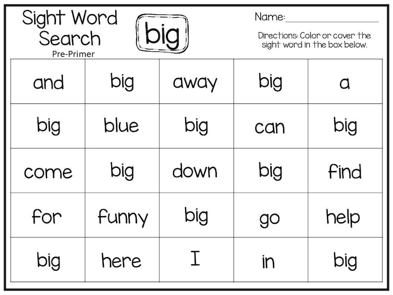 40 Printable Dolch Pre-primer Sight Word Search Worksheets. Preschool ...