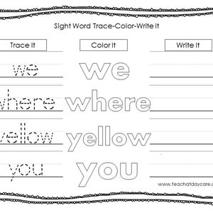 10 Printable Dolch Pre-primer Sight Words Trace It, Color It, Write It ...