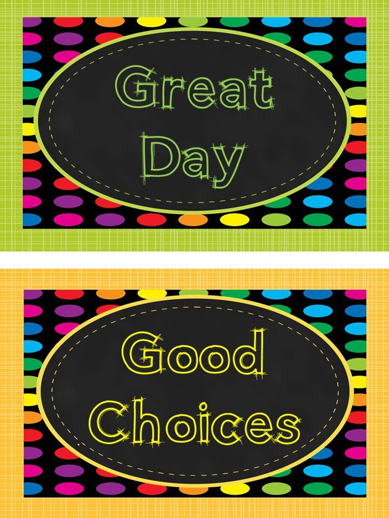 8 Printable Bright Colors Polka Dots Chalkboard Preschool Behavior Clip ...
