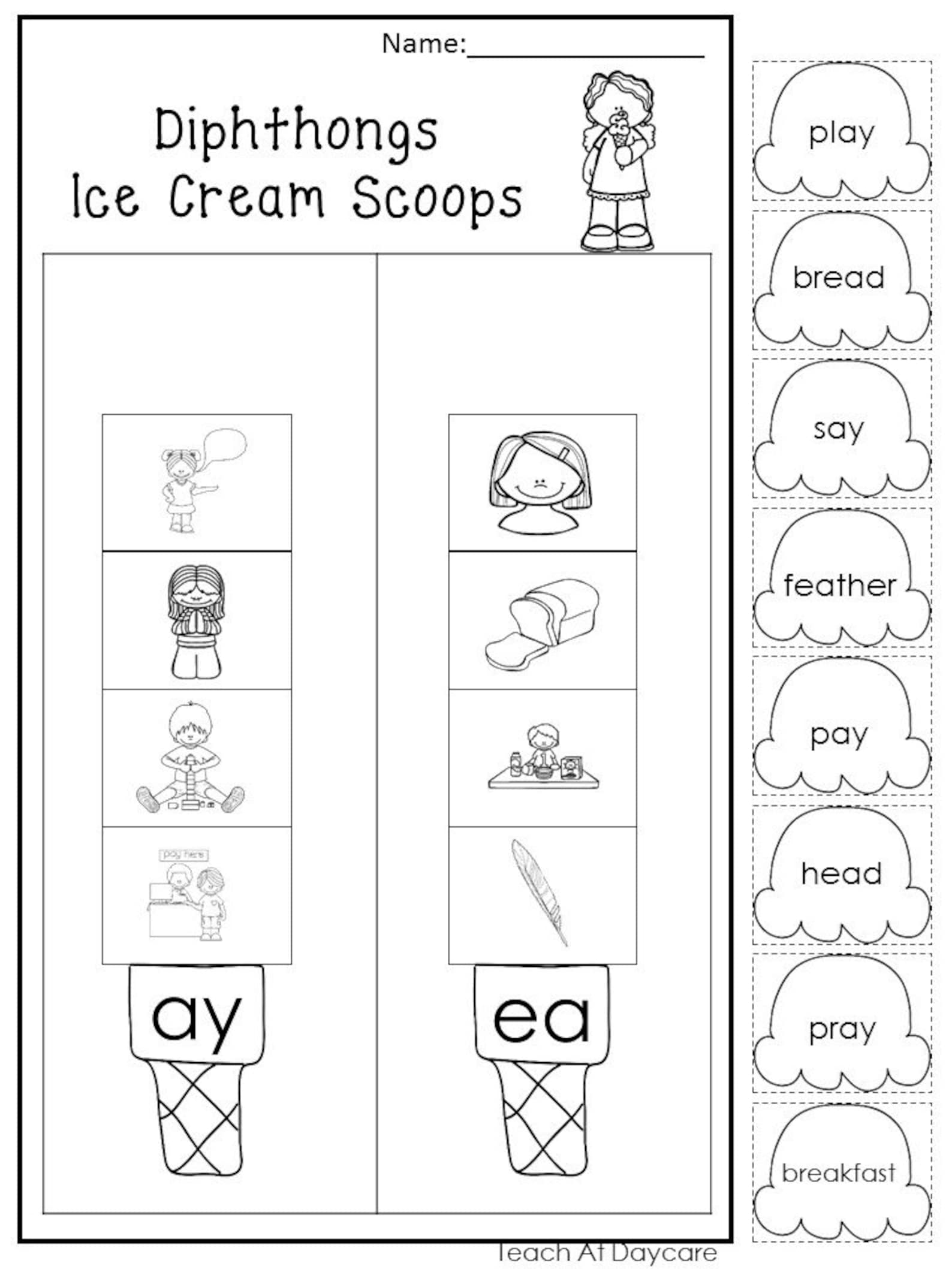 10 Printable Diphthongs Ice Cream Worksheets. Kindergarten-2nd Grade ...