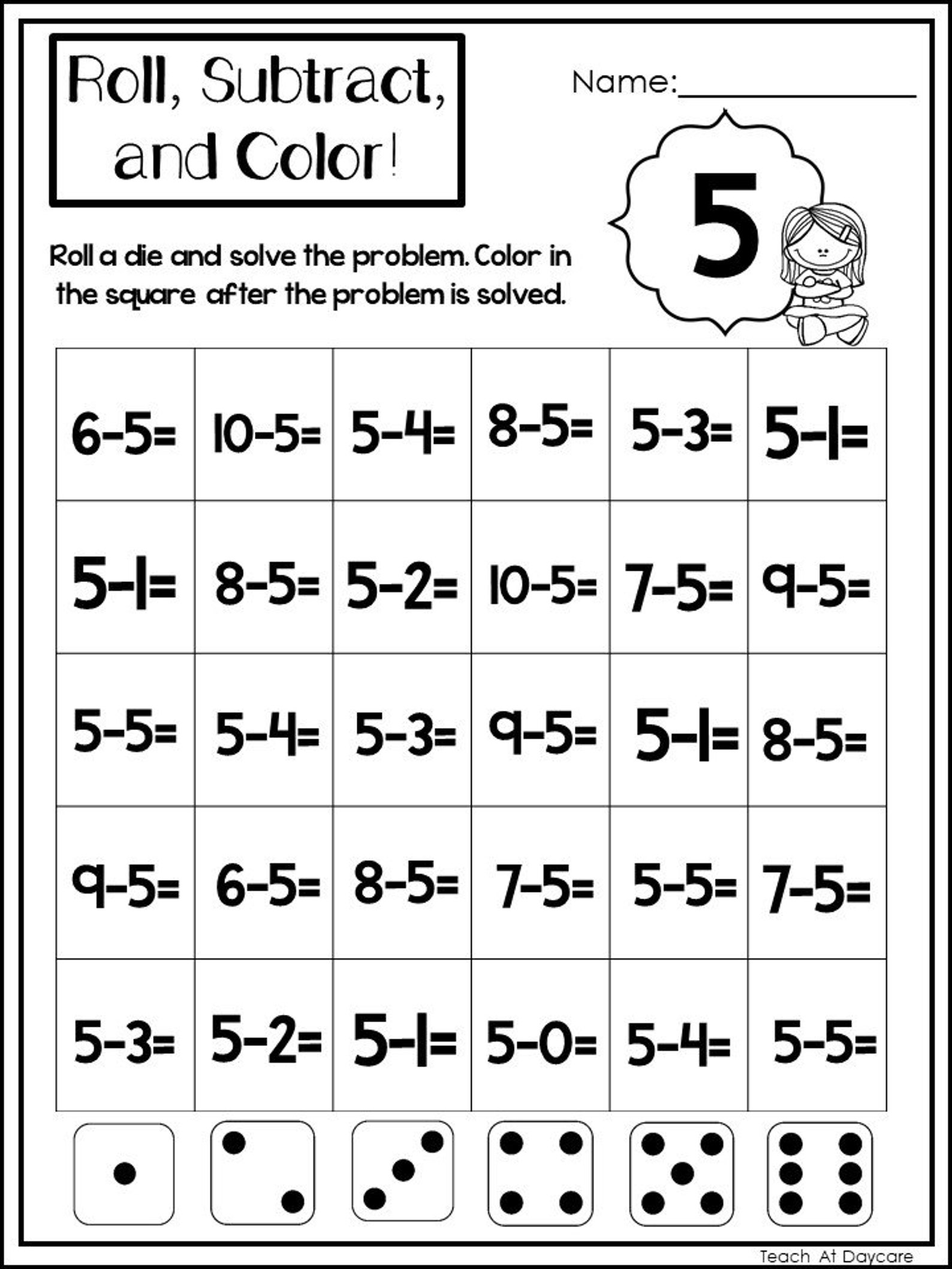 10 Printable Roll Subtract and Color Worksheets. Numbers - Etsy