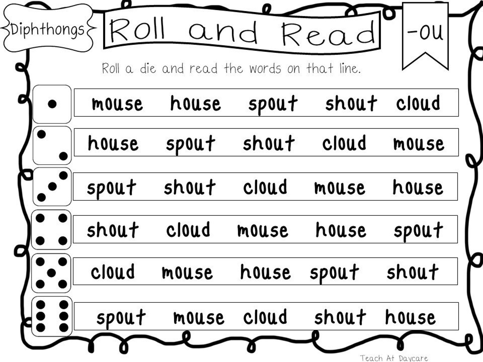 10 Printable Diphthongs Roll and Read the Word Worksheets. - Etsy