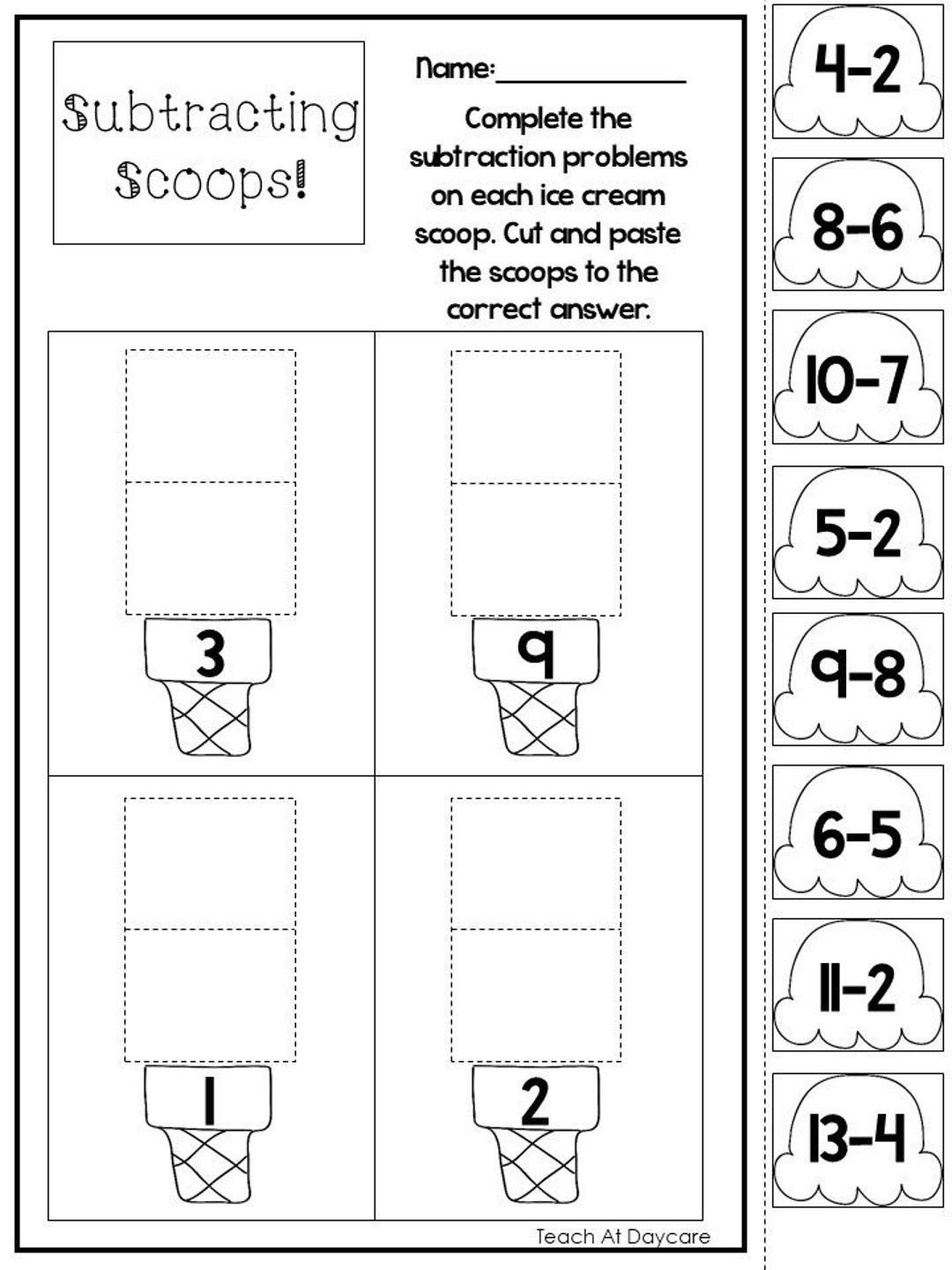 10 Printable Subtracting Scoops Worksheets. Numbers 1-10. Preschool-1st ...