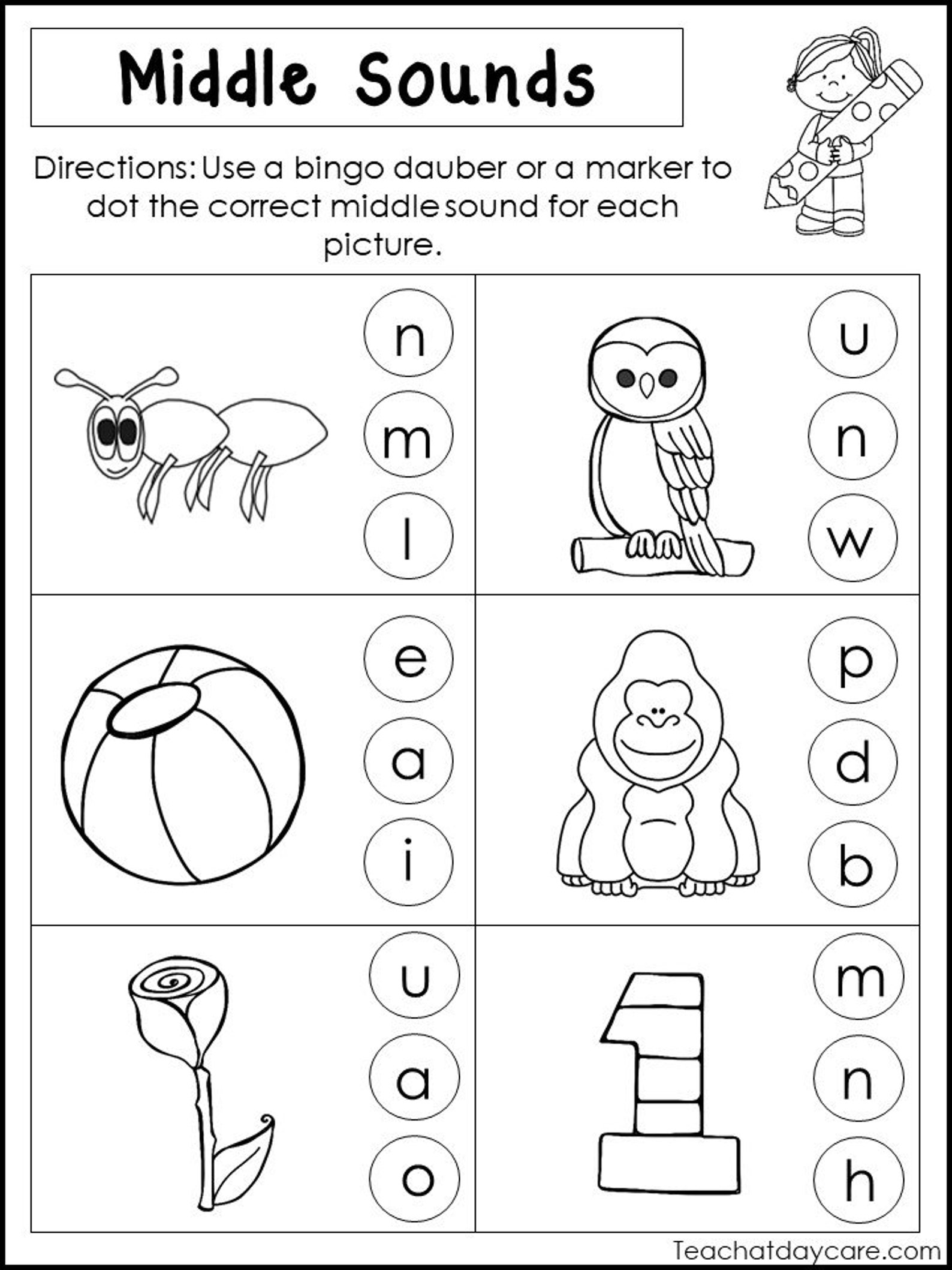 10 Printable Middle Sounds Worksheets. Preschool-1st Grade Phonics and ...