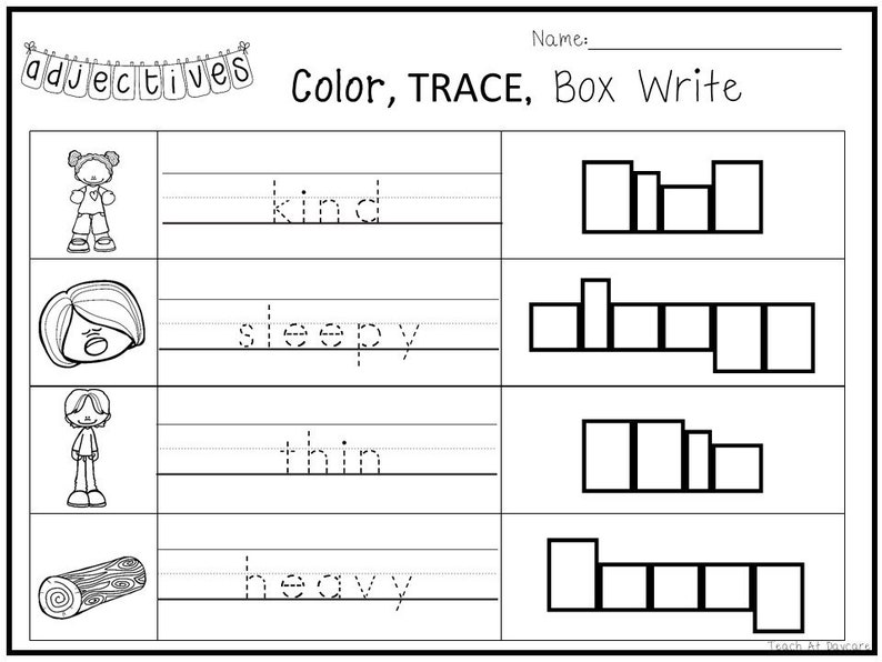 10 Printable Adjectives Color Trace Box Write Worksheets. | Etsy