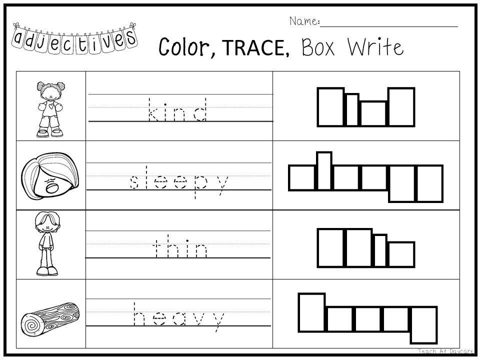 10 Printable Adjectives Color Trace Box Write Worksheets. | Etsy