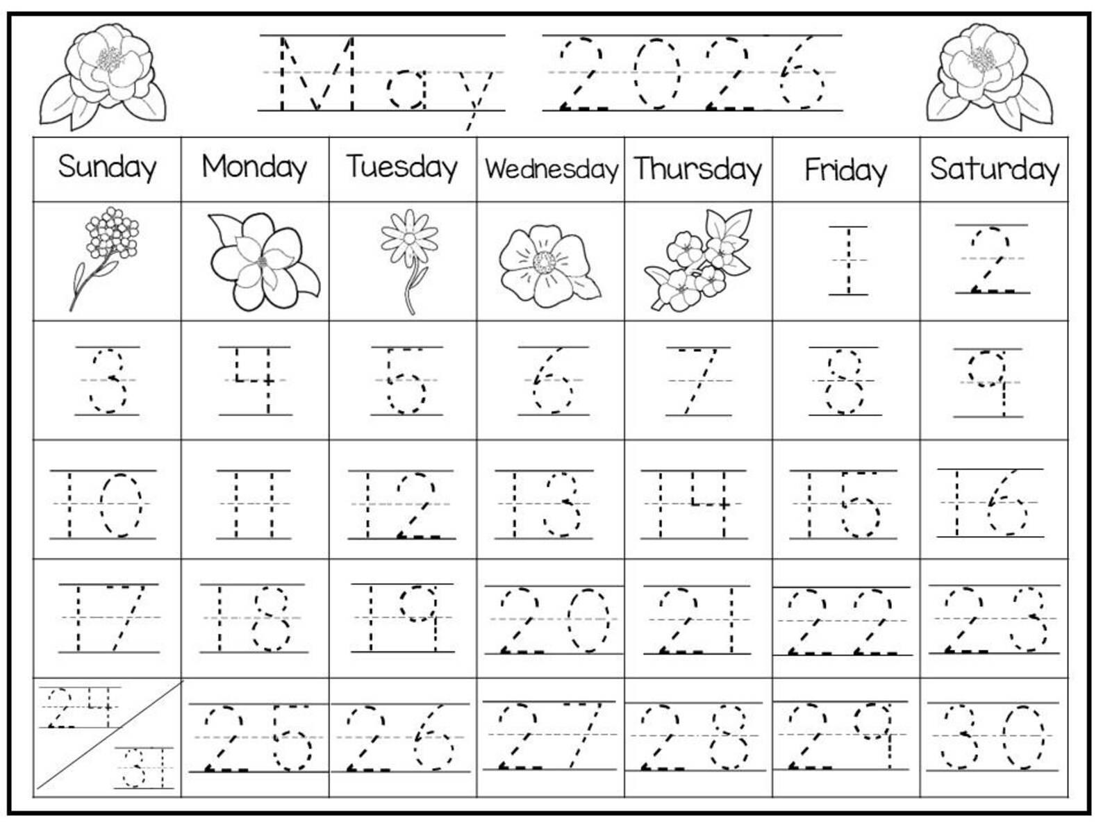 30 Tracing and Blank Themed 2026 Calendars. Preschool Handwriting and ...