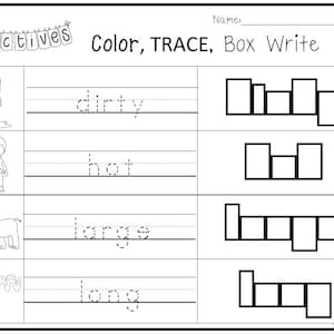 10 Printable Adjectives Color, Trace, Box Write Worksheets. 1st-2nd ...