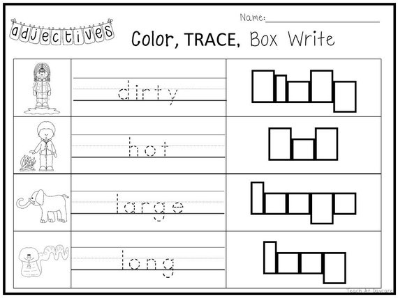 10 Printable Adjectives Color Trace Box Write Worksheets. | Etsy