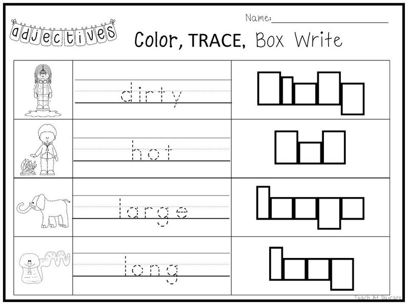 10 Printable Adjectives Color Trace Box Write Worksheets. | Etsy