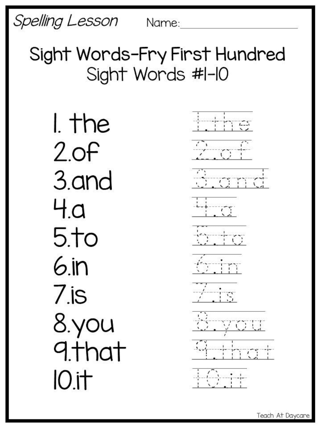Fry First Hundred Words 1-10 Single Week Spelling Unit. Trace, Box ...