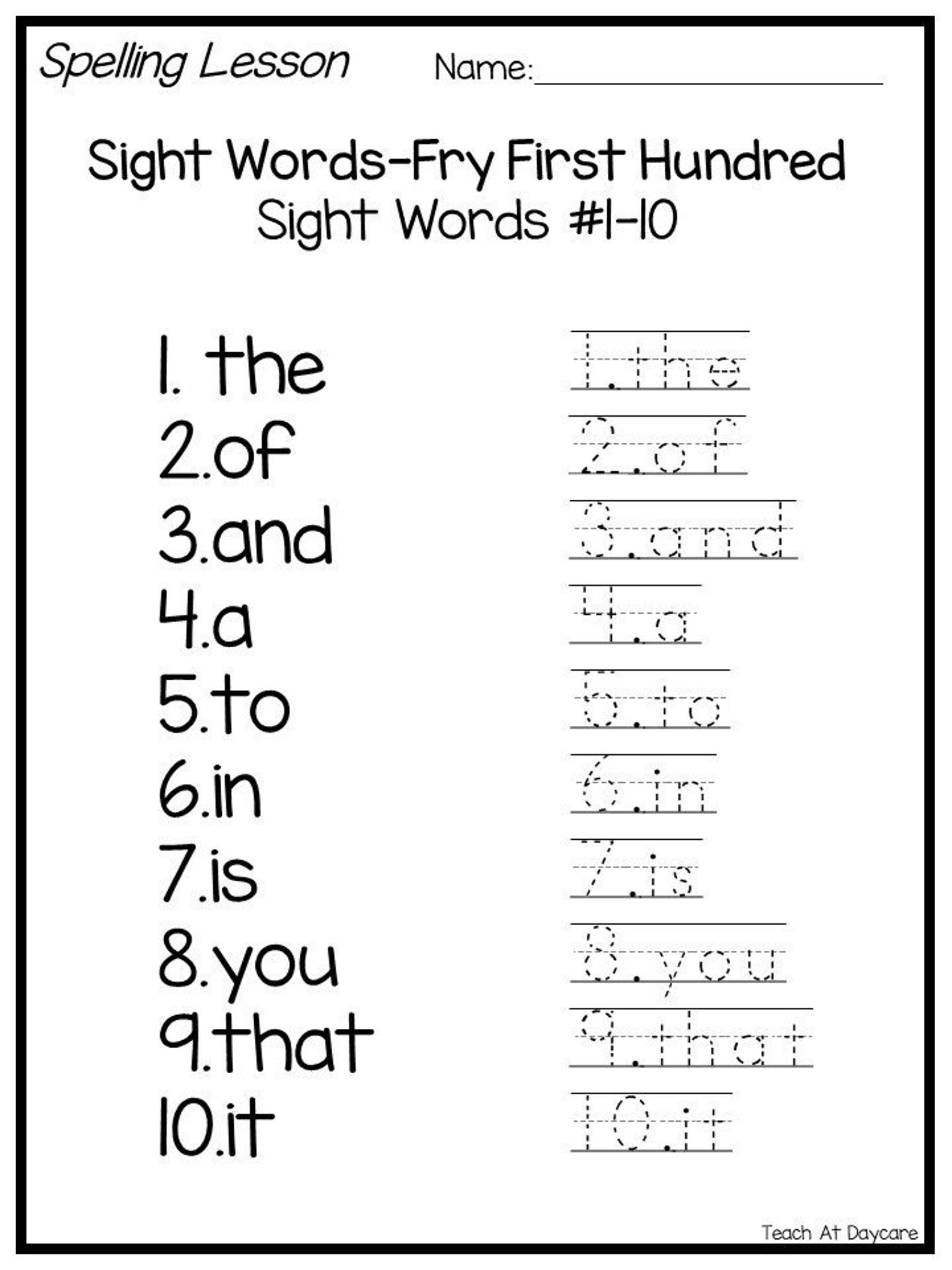 Fry First Hundred Words 1-10 Single Week Spelling Unit. Trace, Box ...