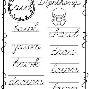 10 Printable Cursive Diphthongs Trace the Word Worksheets. Kindergarten ...