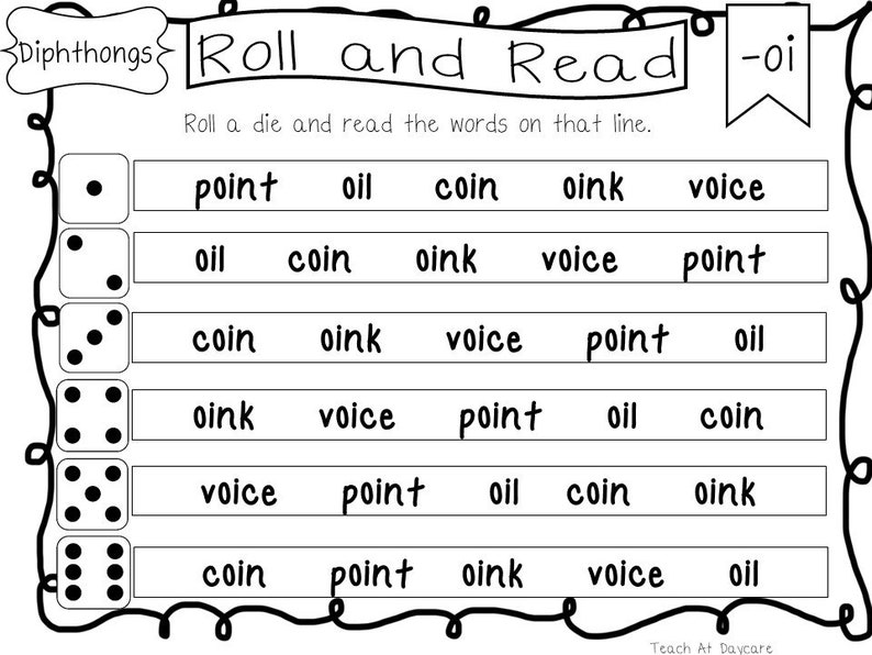 10 Printable Diphthongs Roll and Read the Word Worksheets. - Etsy