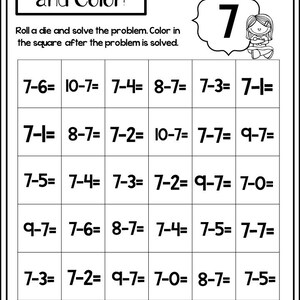 10 Printable Roll, Subtract, and Color Worksheets. Numbers 1-10 ...