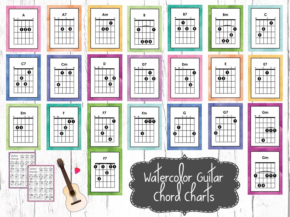 39 Watercolor Guitar Chord Wall Charts. Music Composition and | Etsy