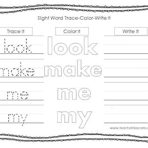 10 Printable Dolch Pre-primer Sight Words Trace It, Color It, Write It ...