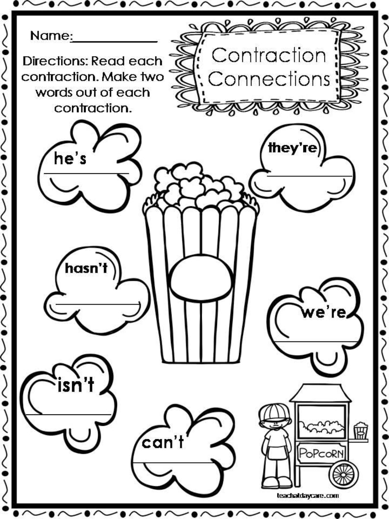 10 Printable Contractions Worksheets. 1st-2nd Grade ELA | Etsy