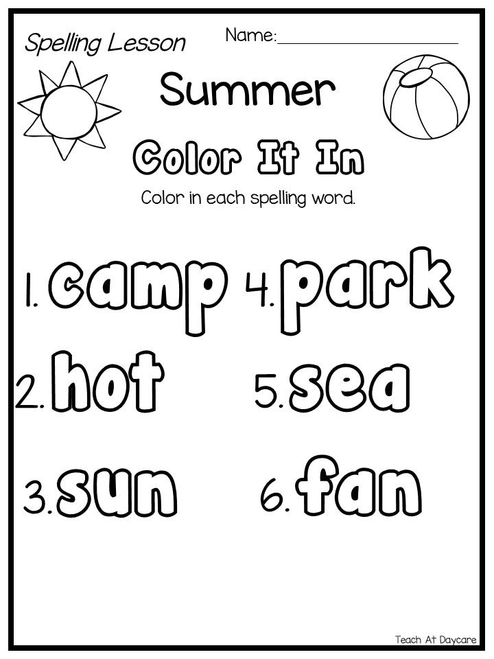 Kindergarten Summer Themed Words Spelling Unit. Single Week ...