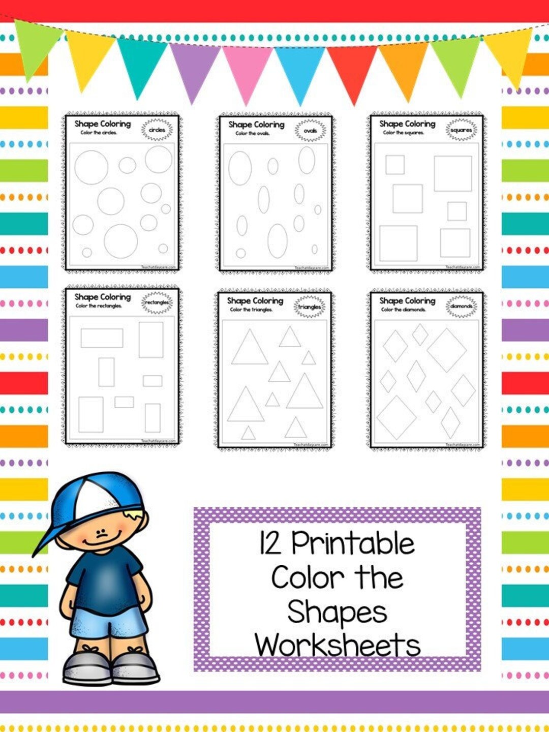12 Color the Shapes Preschool and Kindergarten Worksheets. Child Math ...