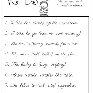 10 Printable Cursive Choose the Correct Verb Worksheets. 1st-2nd Grade ...