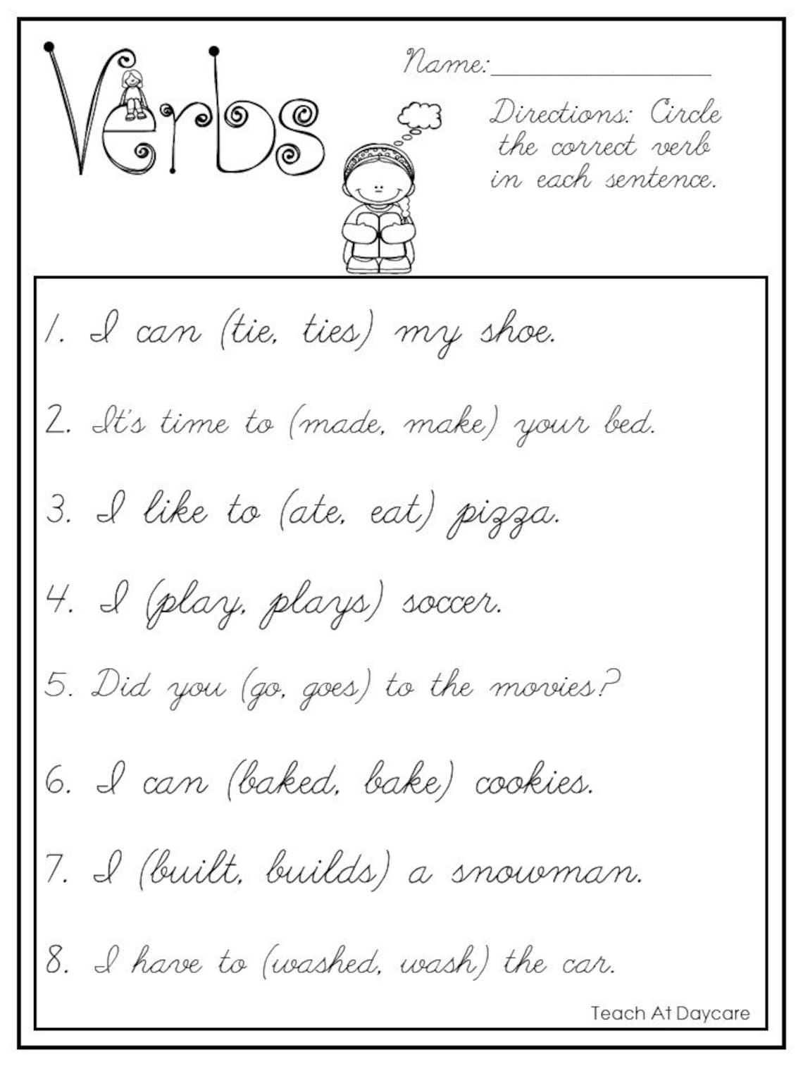 10 Printable Cursive Choose the Correct Verb Worksheets. 1st-2nd Grade ...