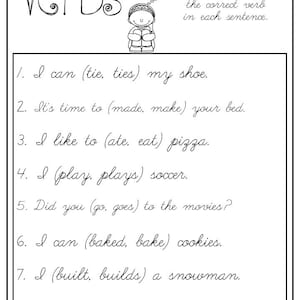 10 Printable Cursive Choose the Correct Verb Worksheets. 1st-2nd Grade ...