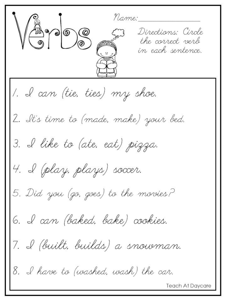 10 Printable Cursive Choose the Correct Verb Worksheets. 1st-2nd Grade ...